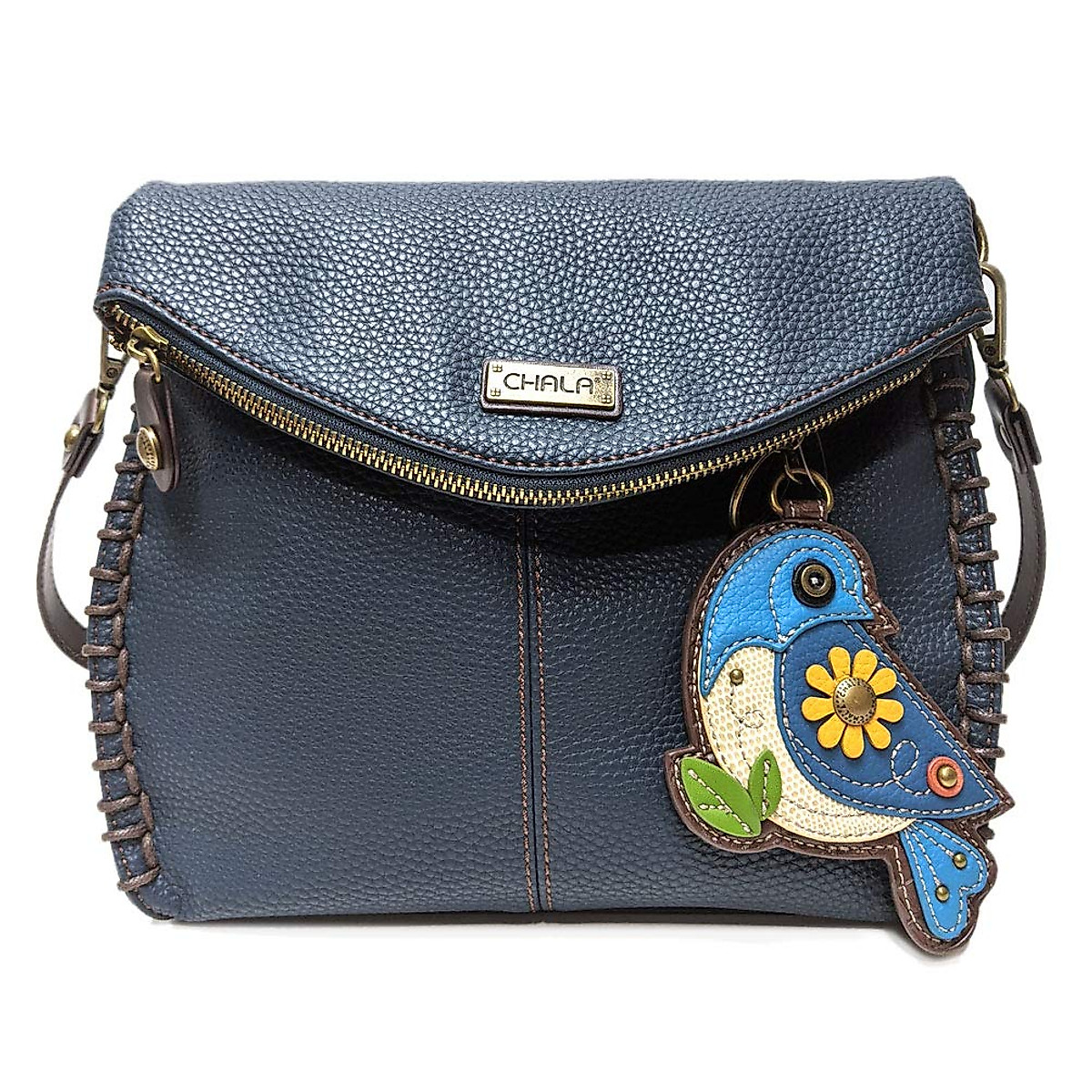 Chala Charming Crossbody Bag - Flap Top and Metal Key Charm in Navy Blue, Cross-Body or Shoulder (Coin Purse_Blue Bird)