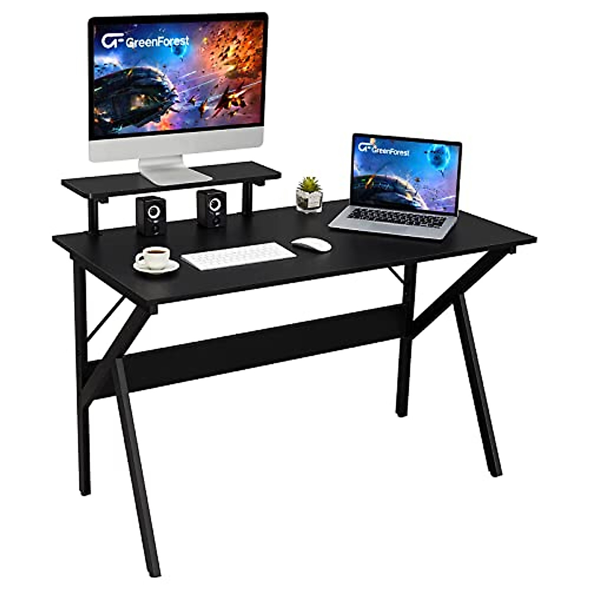 GreenForest Home Office Desk with Monitor Shelf Computer Gaming Desk 47 inch Writing Study Table for Workstation, Black