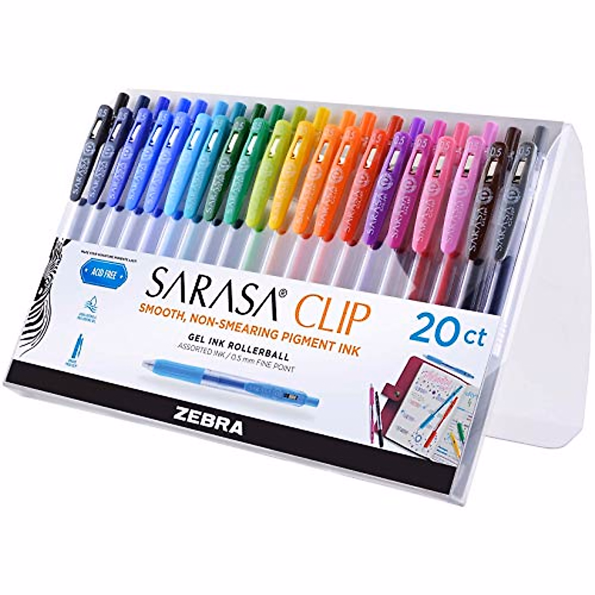 Zebra Pen Sarasa Clip Retractable Gel Pen, Fine Point, 0.5mm, Rainbow Assorted Colors, 20-Pack