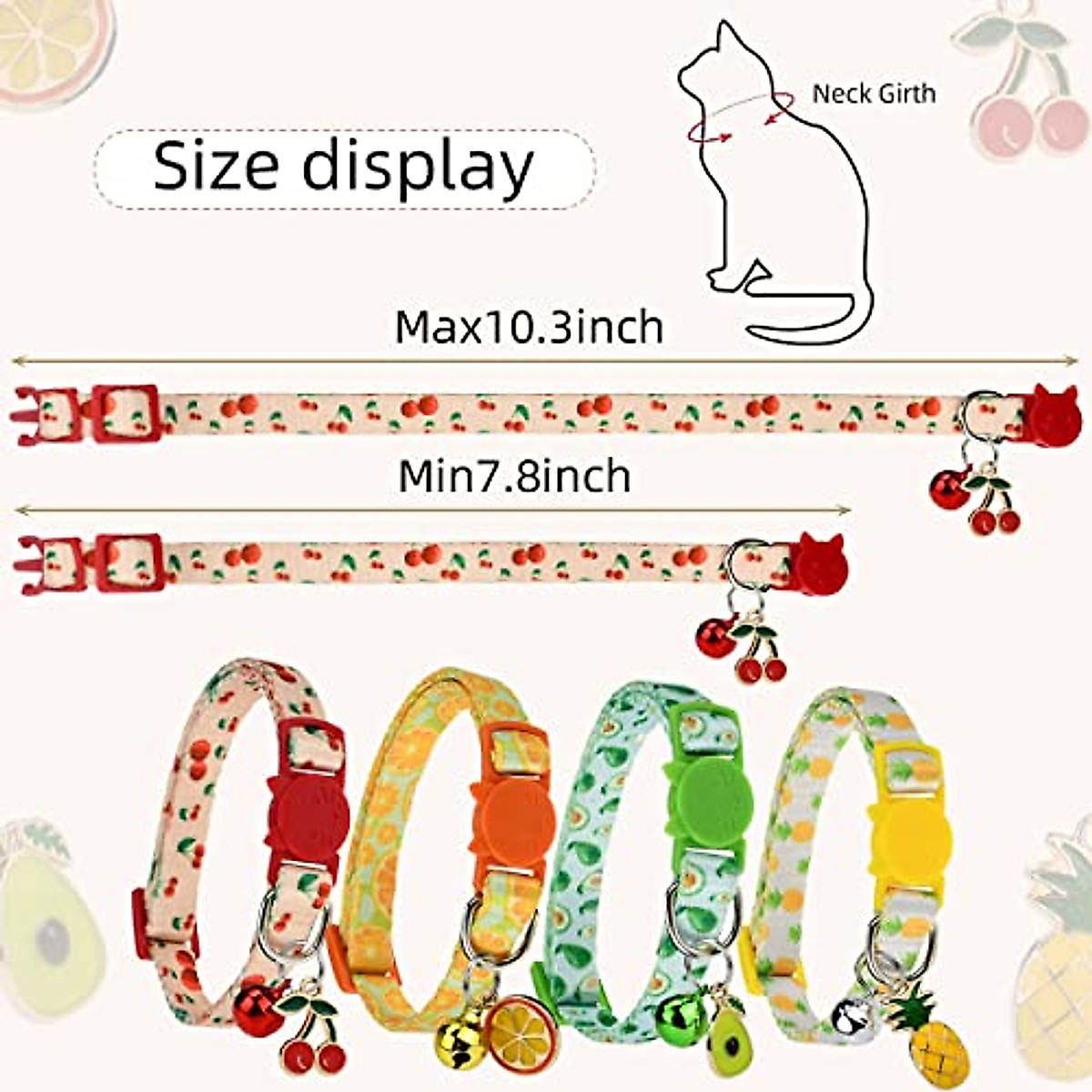 CooShou 4Pcs Breakaway Cat Collars with Bells Kitten Collar Breakaway Friut Plaid Collar with Pineapple, Cherry, Lemon, Avocado Adjustable Collars for Female Girl Cats Male Boy Cats