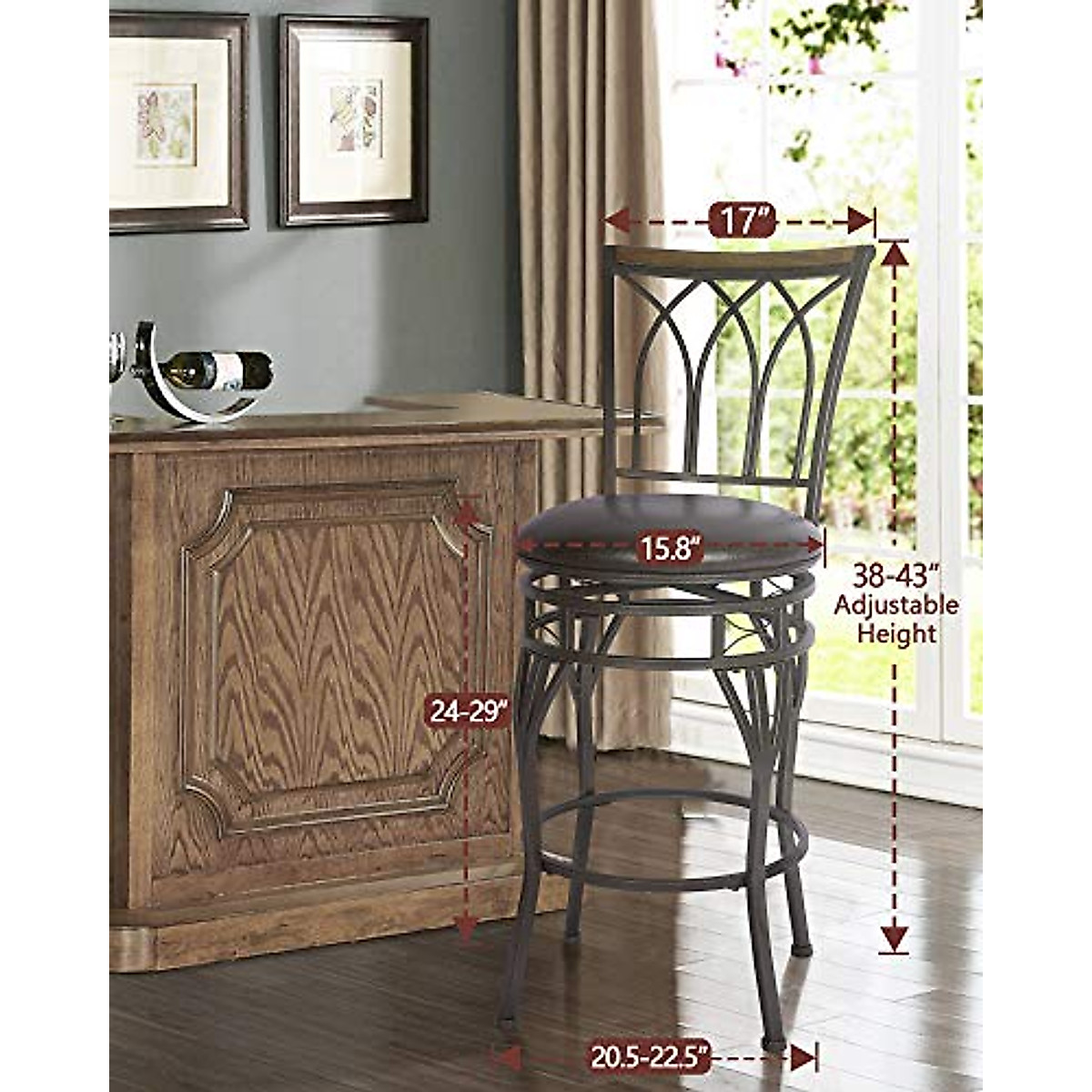 KATDANS Swivel Bar Stools Set of 2, 24-29 Inch Adjustable Seat Height Bar Stool with Back, Brown Leather Kitchen Island Stools for Pub, Bistro, Restaurant, Brown Seat-Black Metal Frame, KS902P