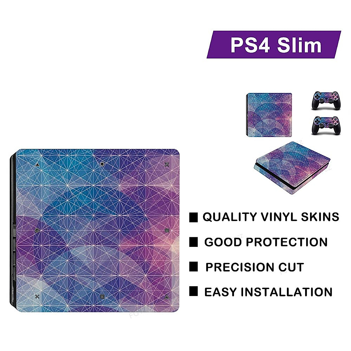 FOTTCZ Whole Body Vinyl Skin Sticker Decal Cover for PS4 Slim Console and 2PCS Controller Blue and Purple Geometric Grid and Circular