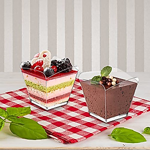 ZENFUN 100 Pack Dessert Cups with Spoons, 3.5 Oz Square Mini Dessert Pudding Cups, Clear Plastic Parfait Appetizer Cups for Mousse Cake, Parties, Wedding, Tasting