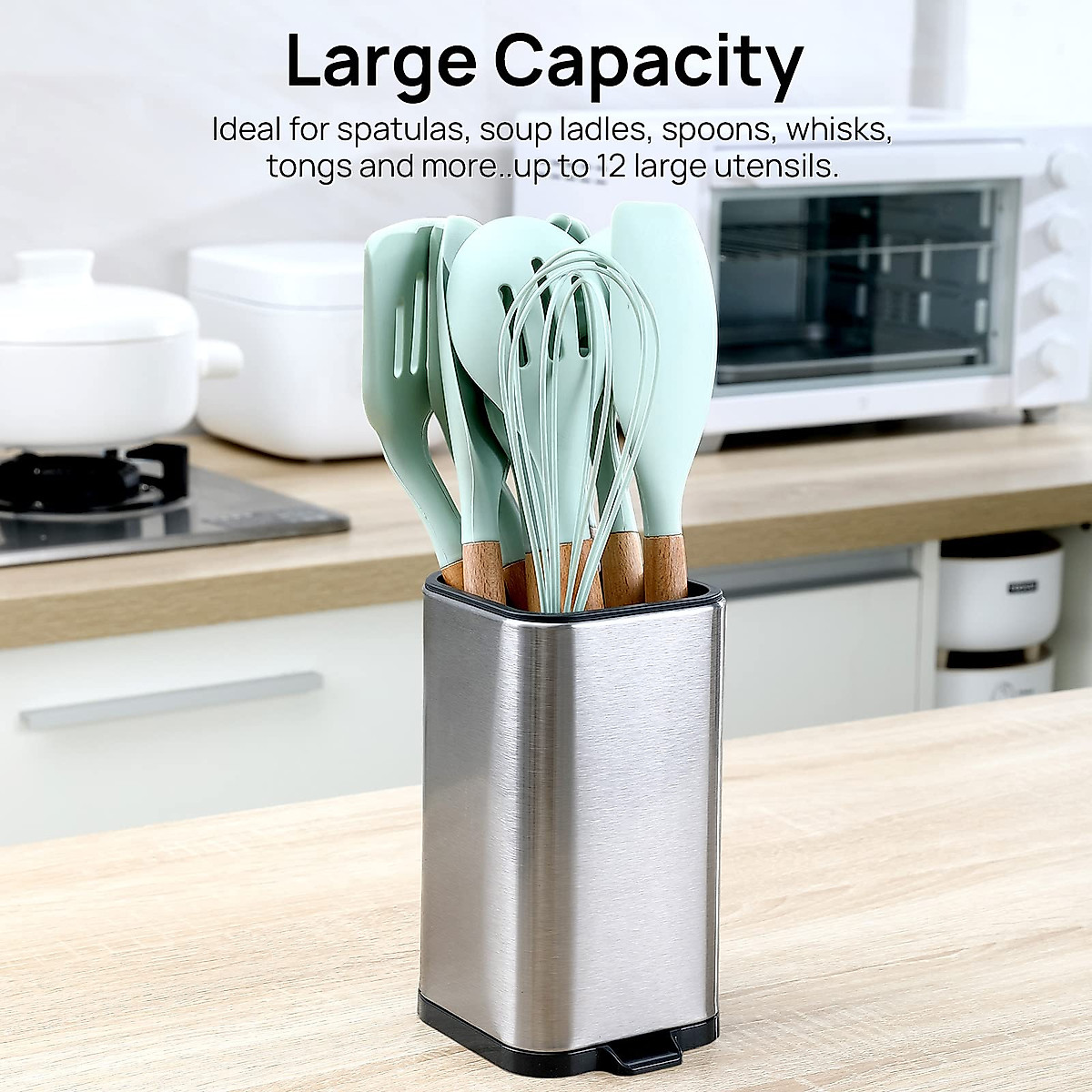 BIARTS Kitchen Utensil Holder for Countertop Stainless Steel with Drip Tray Utensil Crock Utensil Caddy for Counter Metal Modern Flatware Organizer for Silverware 4" L x 4.4" W x 7.3" H, Silver