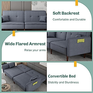 OTRIEK 75" Convertible Futon Sofa Bed with 2 Pillows and Storage Pockets, Modern Upholstered Couch Sleeper Sofa Folding Lounge for Living Room Small Space Apartment (Grey)
