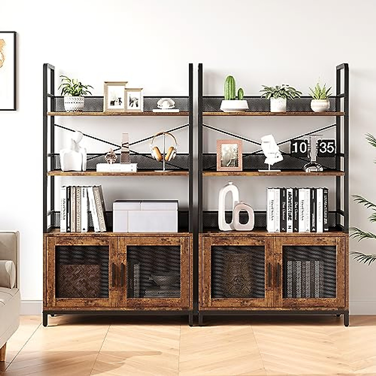 IDEALHOUSE Bookshelf with Doors Industrial Bookcase with 3 Tiers Open Storage Shelves Rustic Bookshelves Tall Display Rack Cabinet Farmhouse Bookshelf for Bedroom, Living Room, Home Office, Brown
