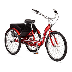 Schwinn Meridian Deluxe Adult Tricycle Bike, Mens and Womens Three Wheel Beach Cruiser, 26-Inch Wheels, Low Step-Through Frame, Wide Seat, Rear Folding Basket, 3-Speed, Red