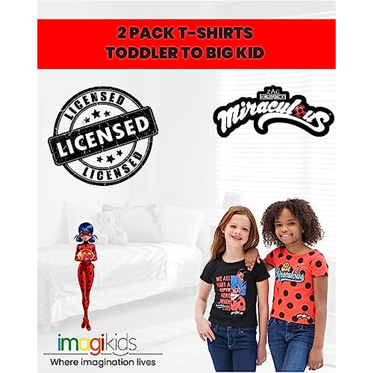 Miraculous Ladybug Little Girls 2 Pack T-Shirts Polka Dots Black/Red 6