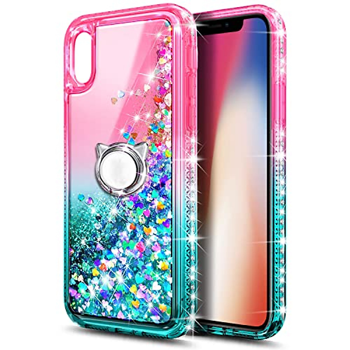 NGB Case for iPhone X, iPhone Xs with Tempered Glass Screen Protector, Ring Holder/Wrist Strap, Girls Women Liquid Bling Sparkle Flowing Floating Glitter Clear Cute Case (Pink/Aqua)