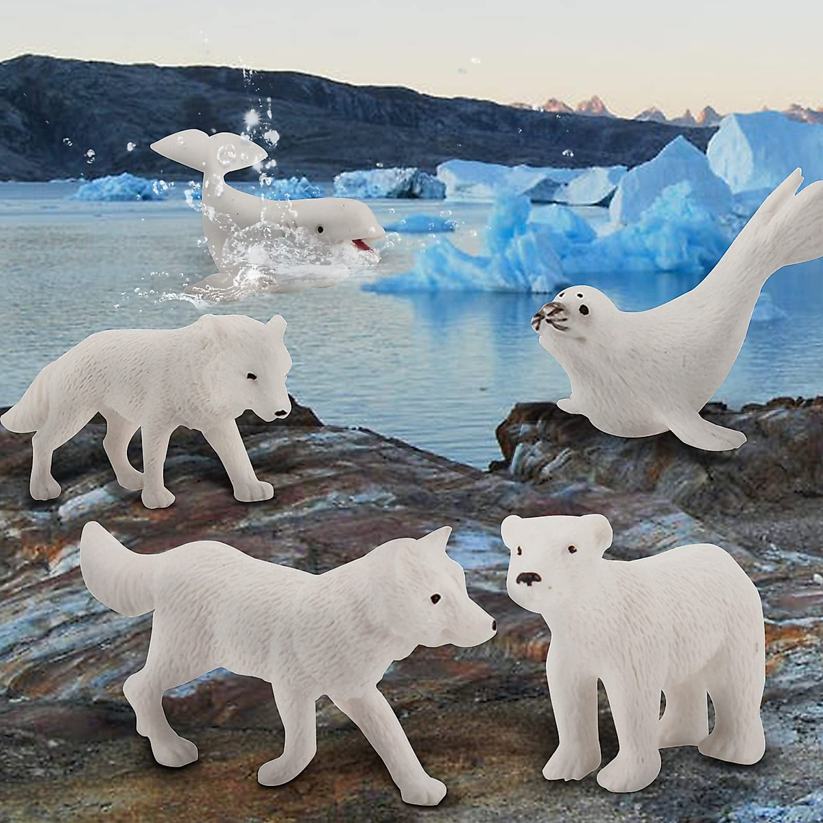 Realistic Mini Arctic Animal Figures Toy Polar Animals Figurines Toy Playset with Polar Bear Snowy Owl Seals White Fox Beluga Wolf Cognitive Toys for Kids Toddlers 6PCS