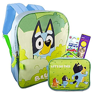 Color Shop Bluey Backpack & Lunch Bag for Kids - 6 Pc Bluey School Supplies Bundle with 16'' Bluey School Backpack, Lunch Box, Stickers, Backpack Clip, & More (Bluey Travel Bag)