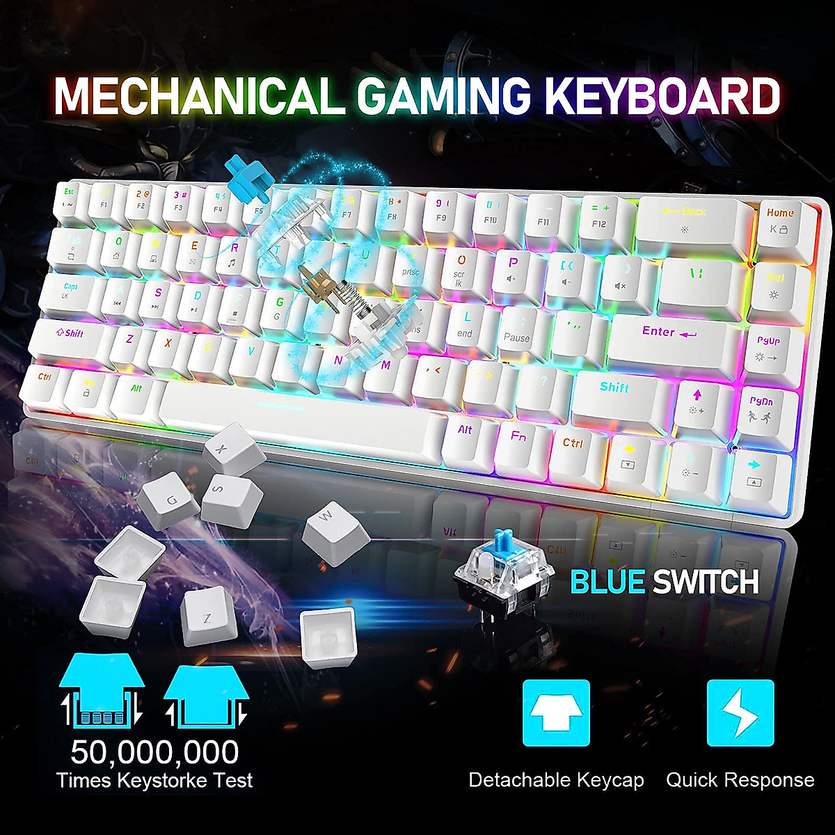 Compact 60% Mechanical Gaming Keyboard and Mouse Combo with Ergonomic Anti-ghosting 68 Key Rainbow RGB Backlight 6400DPI Honeycomb Mice Type-C Wired for PC Mac Gamer Office Typist(White/Blue Switch)