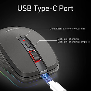 FMOUSE Rechargeable Wireless Mouse, Silent Mouse with RGB Lights, 2.4G Wireless & Bluetooth 5.1 Dual Mode 2400 DPI USB-C 700mAh Battery, Ergonomic Mouse for PC, Computer, Laptop, Desktop (Black)