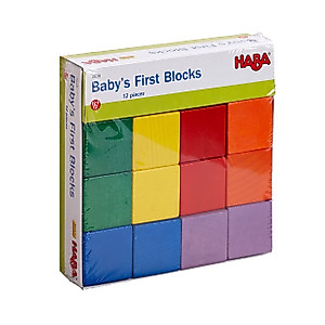 HABA Baby's First Basic Block Set - 12 Colorful Wooden Cubes (Made in Germany)
