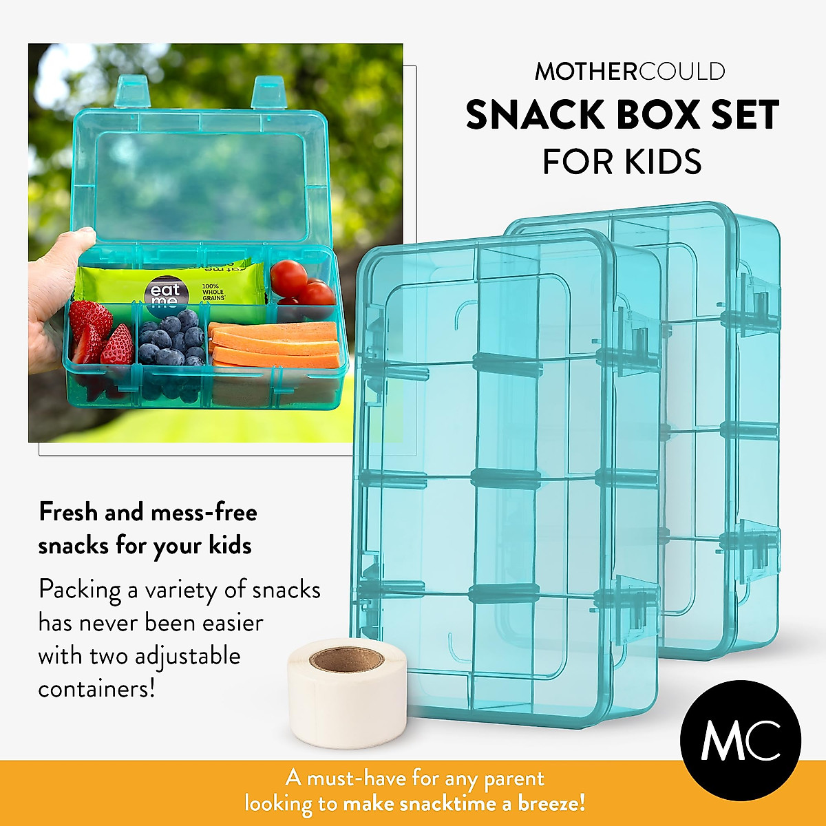 Snack Box Containers Set of 2-Reusable,100 Dissolvable Labels, 8 Adjustable Compartments, Dishwasher Safe, BPA-Free, Food Grade, Durable Design, PARENT TESTED PARENT APPROVED AWARD (2 Pack) (Cyan)