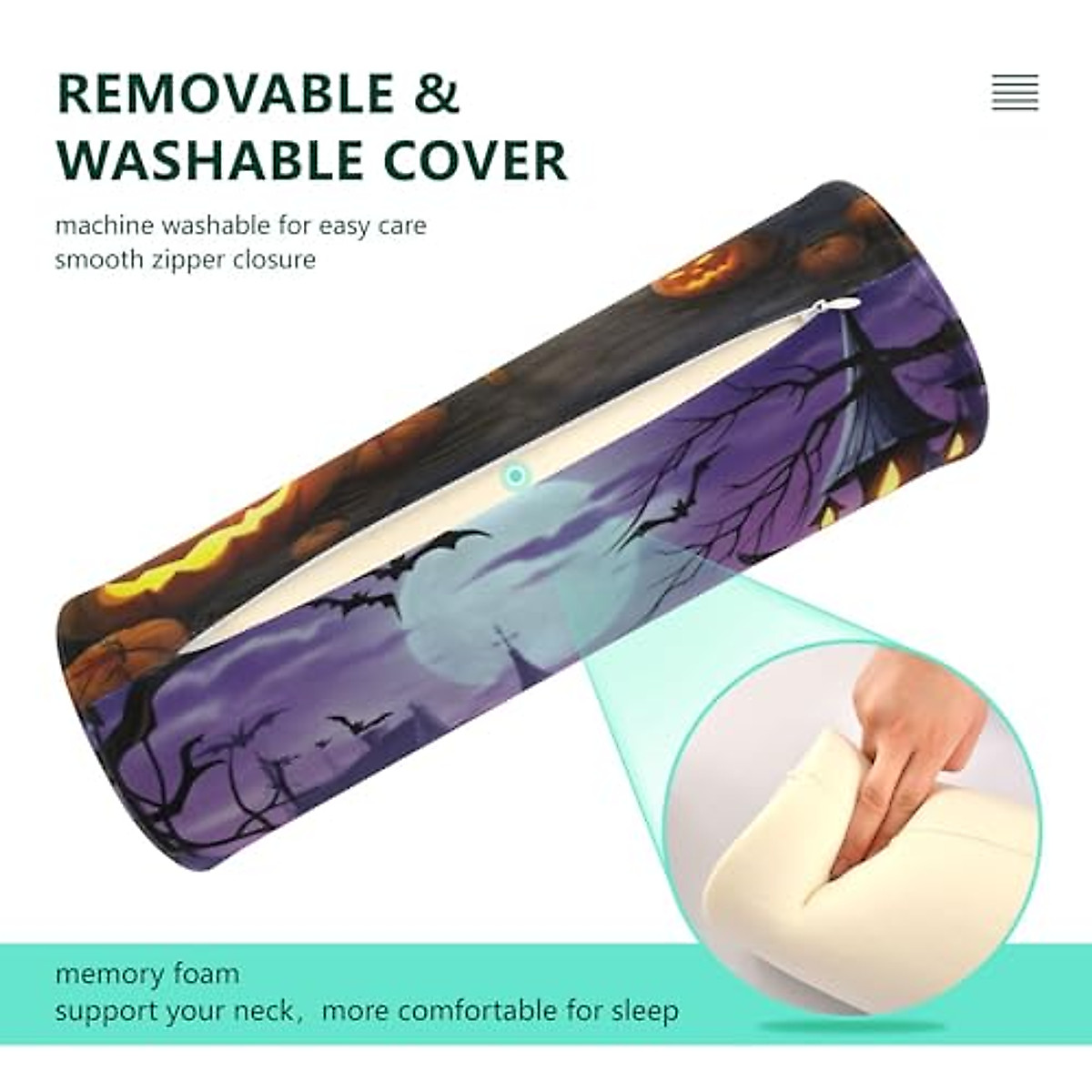 xigua Halloween Pumpkin Neck Roll Pillow for Neck Relief with Removable Washable Cover - Memory Foam Round Cylinder Bolster, Ergonomically Designed for Head, Neck, Back, and Legs