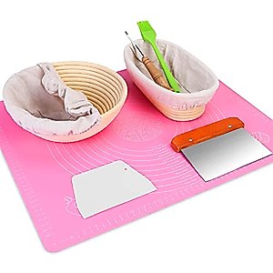 Bread Proofing Basket, ELVASEN 9" Round & 9.8" Oval Bread Making Tools Set of 2 - Bread Making Kit Include Bread Proofing Baskets, Linen Cloth Liner, Scraper, Basting Brush