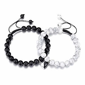 Jovivi 2 Pcs Couple Bracelets 8mm Natural Stone Beads Healing Crystals Stretch Bracelet Matching Heart Charms Adjustable for His and Her Jewelry Lovers Best Friends Friendship Gifts