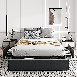 Allewie Full Size Platform Bed Frame with 3 Storage Drawers, Fabric Upholstered, Wooden Slats Support, No Box Spring Needed, Noise Free, Easy Assembly, Dark Grey