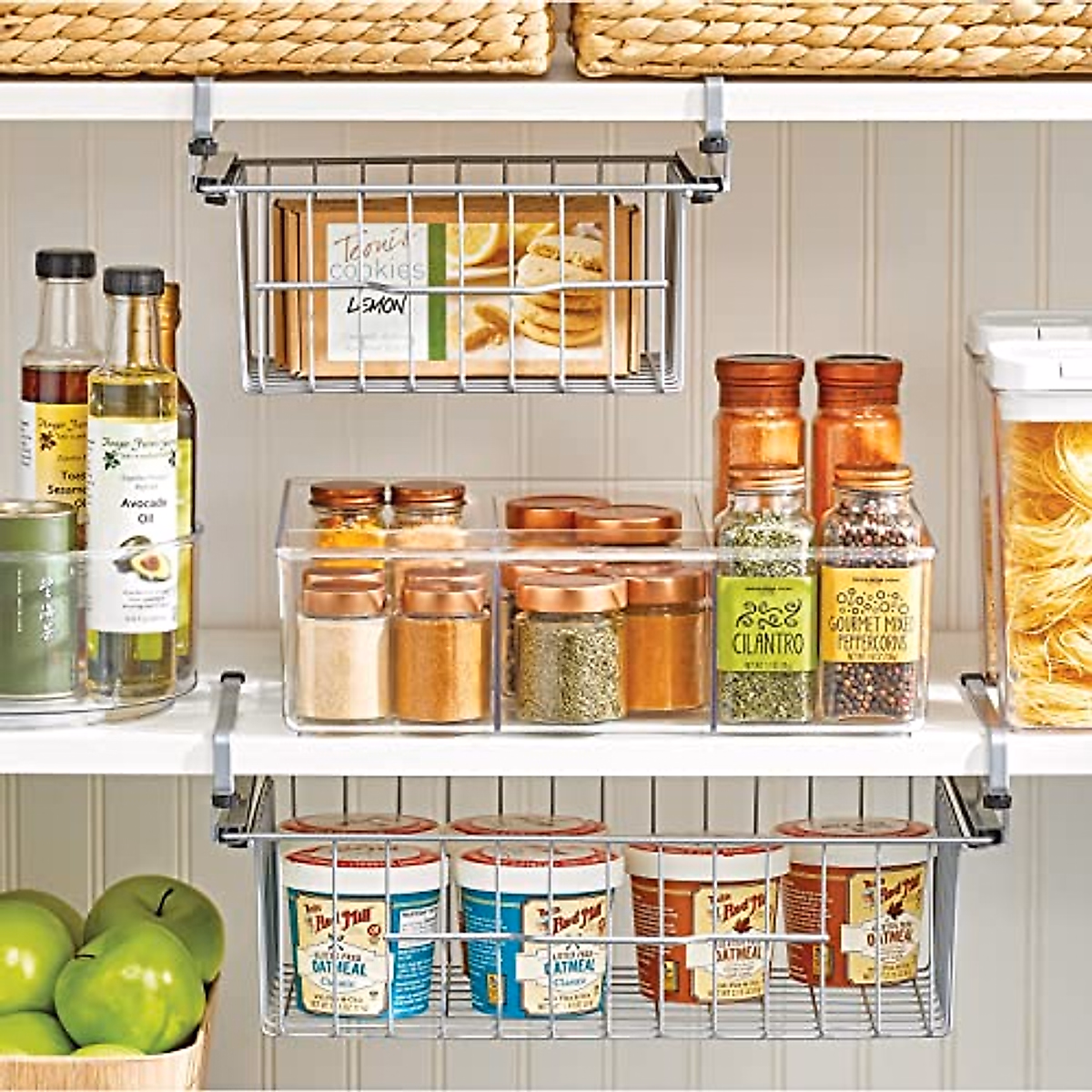 mDesign Large Metal Wire Hanging Pullout Drawer Basket - Sliding Under Shelf Storage Organizer - Attaches to Shelving - Easy Install - Silver