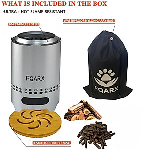 FQARX Tabletop Fire Pit, Low Smoke Mini Fire Pit, Indoor&Outdoor Mini Portable Personal Fireplace, Fueled by Pellets or Wood, Stainless Steel, with Travel Bag