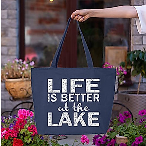 shop4ever® Life is Better at the Lake Heavy Canvas Tote with Zipper Sayings Reusable Shopping Bag 12 oz Navy -Pack of 1- Zip