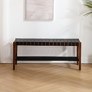 Janoray Solid Wood Bench, Modern 45" Long Dining Bench with Faux Leather Woven Strips & Metal Shelf Comfy Seat for Entryway/Dning Room/Bedroom, Black