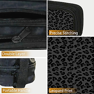 WOBAGMEN Double Layer Pencil Case with Handle Large Pencil Bag Cute Print Pencil Pouch for Boys Girls (Black Leopard)