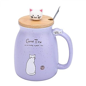 Fdit Lovely Cat Ceramic Cup with Spoon and Lid Coffee Water Milk Mug for Drinkware (Purple)