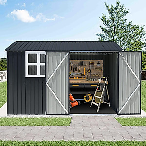 Verano Garden 10x8FT Outdoor Storage Shed, Large Galvanized Steel Metal Garden Shed with Window, Lockable Double Door, Outdoor Tool Shed for Backyard, Patio, Lawn(113.39"x98.03"x77.56")