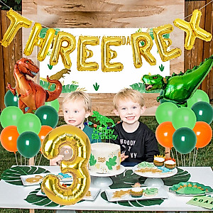 Dinosaur Birthday Decorations for Boy Three Rex Birthday Decorations Dinosaur Party Supplies 3 Year Old - Three Rex Balloons Dino Cake Topper Happy Birthday Banner