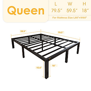 yookare 18 Inch Tall and Strong Platform Metal Bed Frame/Easy Assembly Mattress Foundation/ 4000lbs Heavy Duty Frame with Steel Slat Support/No Noise/No Box Spring Needed, Queen