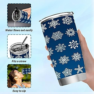 Jihqo Winter Snowflake Tumbler with Lid and Straw, Insulated Stainless Steel Tumbler Cup, Double Walled Travel Coffee Mug Thermal Vacuum Cups for Hot & Cold Drinks 20oz