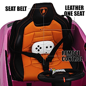 Ride On Toys for Girls – Americas Toys Ride On Cars with Remote Control – 12V Electric Kids Car w/ 4 Wheels Suspension, Open Doors, Lights, Leather Seat, Music, Horn, Compatible with Lamborghini Pink