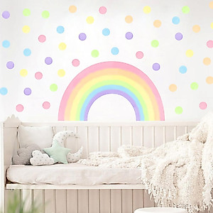 Colorful Rainbow Wall Decals Large Rainbow Wall Stickers Circle Polka Dots Wall Stickers Watercolor Rainbow Wall Decals for Girls Bedroom Nursery Kids Room