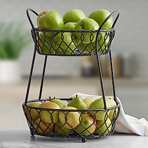 Gourmet Basics by Mikasa Loop and Lattice 2 Tier Divided Round Basket, Black