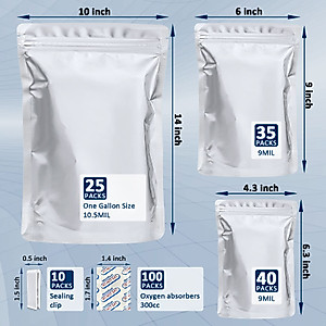 100 Pack Mylar Bags for Food Storage with 100x300cc Oxygen Absorbers - 9 Mil 10"x14" 6"x9" 4.3"x6.3" - Resealable Bags for Packaging Products & Ziplock Food Grade Bags for Storage