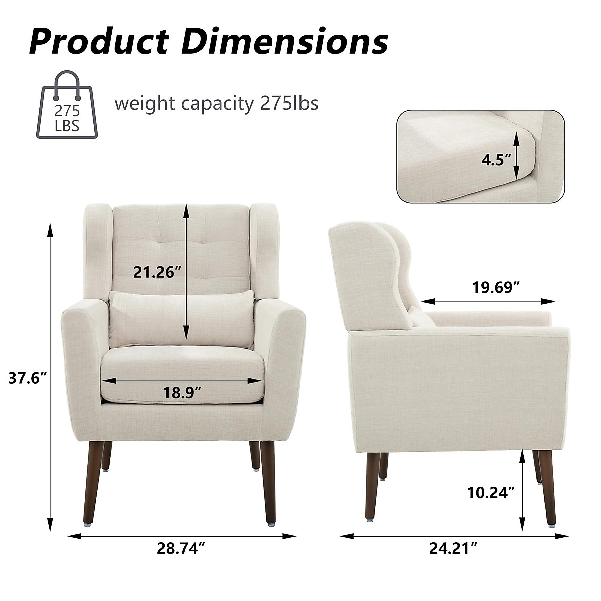 Lefosure Modern Accent Chairs,Upholstered Arm Chairs with Pillow,Mid Century Sofa Chairs with Chenille Fabric,Comfy Reading Chair for Living Room,Bedroom (Beige, Set of 2)