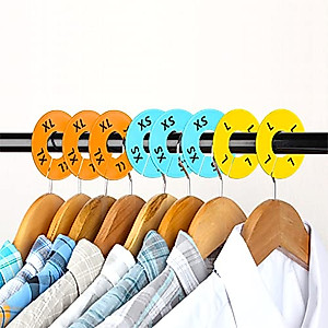 40 Pack Round Colorful Plastic Clothing Size Closet Rack Dividers Hangers, 8 Assorted Colors, Preprinted in 8 Sizes XXS, XS, S, M, L, XL, XXL, XXXL (Outer 3.5”, Inner Diameter 1.38”)