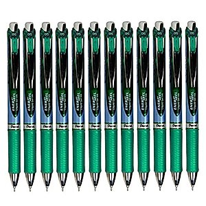 Pentel EnerGel 0.5mm Needle Tip Green Ink Liquid Gel Pens (BLN75-D) - 12 Pack