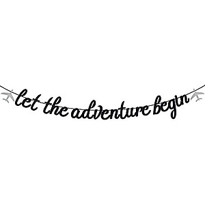 Black Glitter Let The Adventure Begin Banner - Congrats Grad Bunting Sign - Graduation/Retirement/Bon Voyage/Baby Shower/Moving Party/Travel Theme Party Decorations