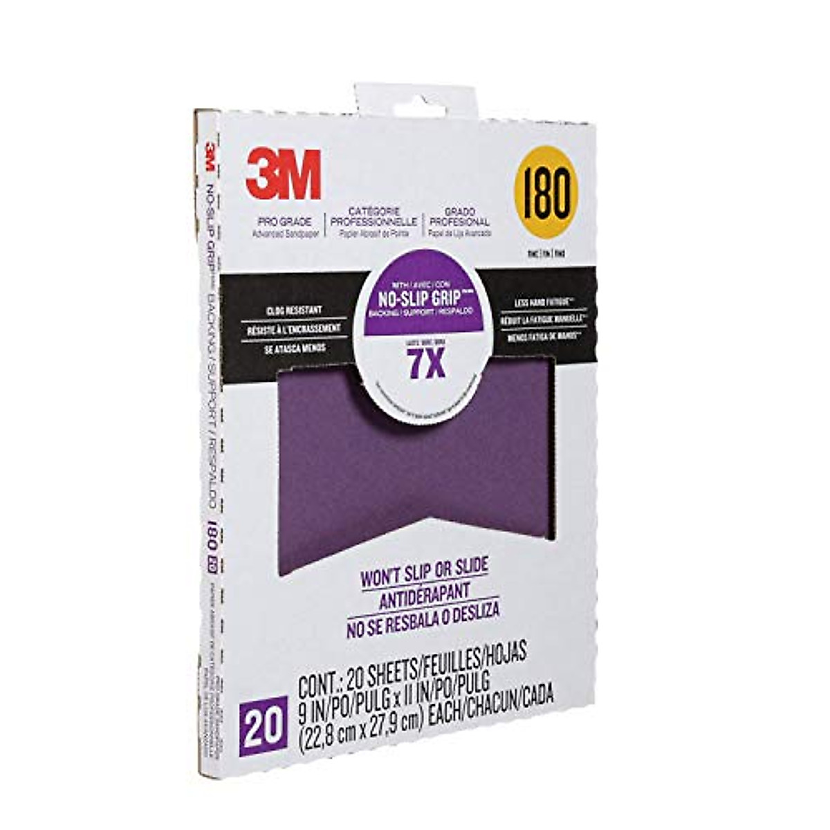 3M 26180CP-P-G 180 Grit Pro Grade No-Slip Grip Advanced Sandpaper (20 Pack), 9 x 11"