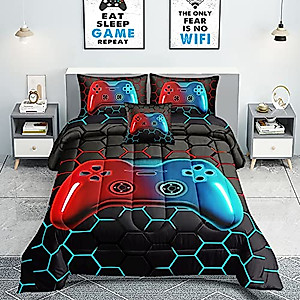 ROWADALO 6 Pieces Bed in A Bag Gamer Bedding Set for Boys Kids Adult Gaming Comforters Set,Boys Bed in A Bag Set Queen Size Comforter with Fitted Sheet Flat Sheet Pillowcase pillowsham,DJTH5028Queen