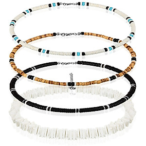 4 Pcs Puka Shell Necklace for Men Surfer Necklace Choker Beach Puka Choker Seashell Necklaces with Clam Chip Beads Xmas Gift (Elegant Color)