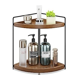 SANRETAHO 2-Tier Bathroom Corner Counter Organizer, Wood Skincare Make up Organizer for Vanity Tray, Corner Countertop Shelf, Bathroom Organizers and Storage Decor, Dark Brown