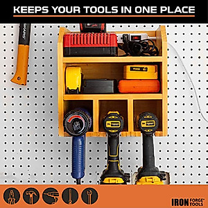 Iron Forge Power Tool Organizer for Garage - Fully Assembled Wood Tool Chest and 3 Drill Charging Station - Great Workshop Organization and Storage Gift