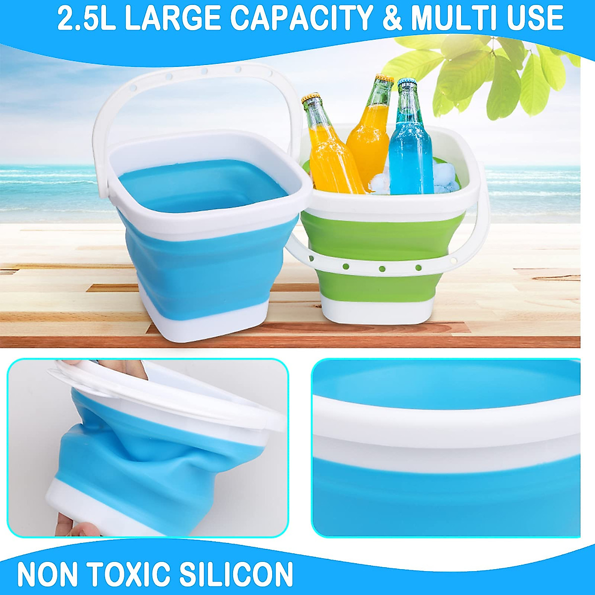 Beach Sand Toy Bucket for Kids Adults, Sandbox Beach Pail Sand Buket, Foldable Pail Bucket with Mesh Bag, Collapsible Buckets Multi Use for Garden Beach, Camping Gear, Beach Party, Fishing