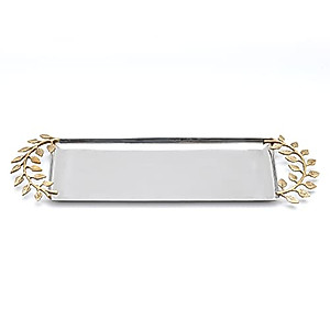 21" Long Decorative Golden Vine Oval Centerpiece Silver Serving Tray with Accents by Gute - Stainless Steel Metal & Brass, Gold Leaves Trim Accent Design, Serveware Foods Home Decor Gifts