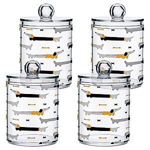 FLildon Cute Dogs Dachshunds Qtip Holder Dispenser, Bathroom Organizer and Storage Containers, 4Pack Clear Plastic Apothecary Jars with Lids for Cotton Ball, Cotton Swab, Floss