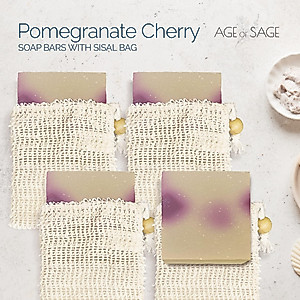 Age of Sage Natural Soap Bar w/ Sisal Bag, Vegan Artisan Soap Bar Set for Women, Body Soap in Bar Soap Pouch, Natural Bath Soaps w/ Essential Oils, 4 Plain Body Soap Bars, Pomegranate Cherry